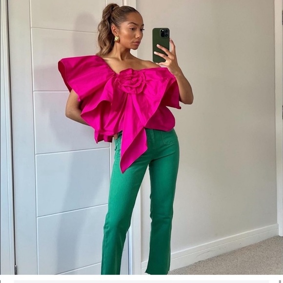 Zara | Tops | Zara Pink Voluminous Ruffle Asymmetric Top | Poshmark